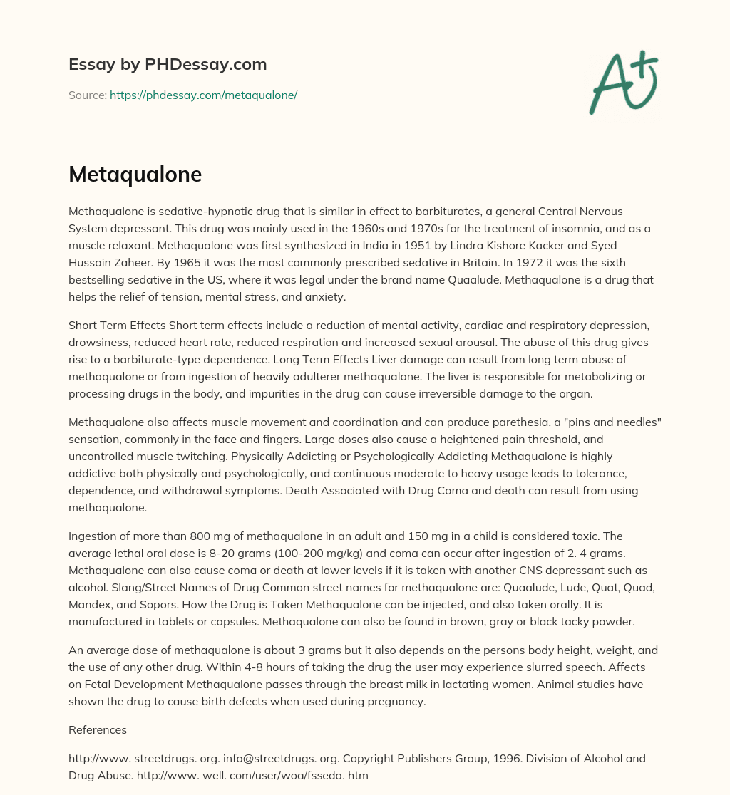 Metaqualone (400 Words) - PHDessay.com