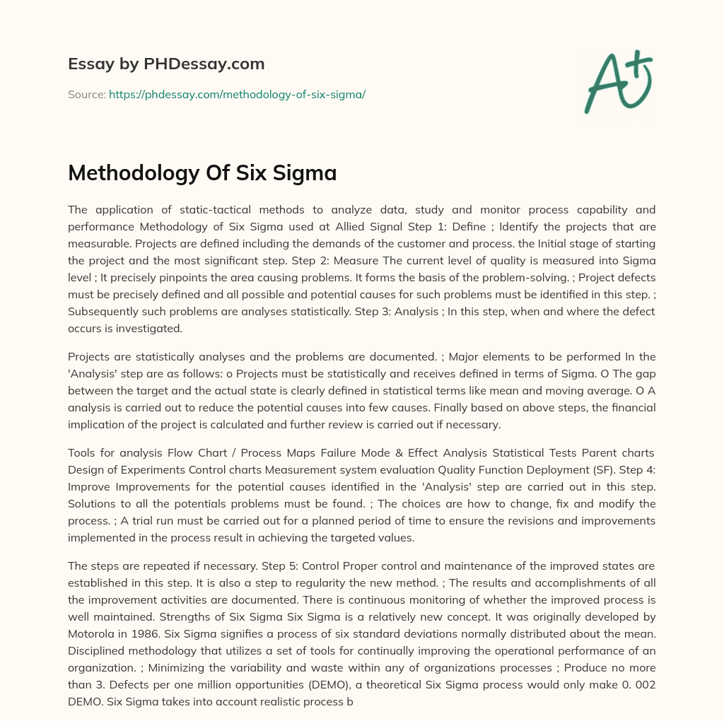 Methodology Of Six Sigma - PHDessay.com
