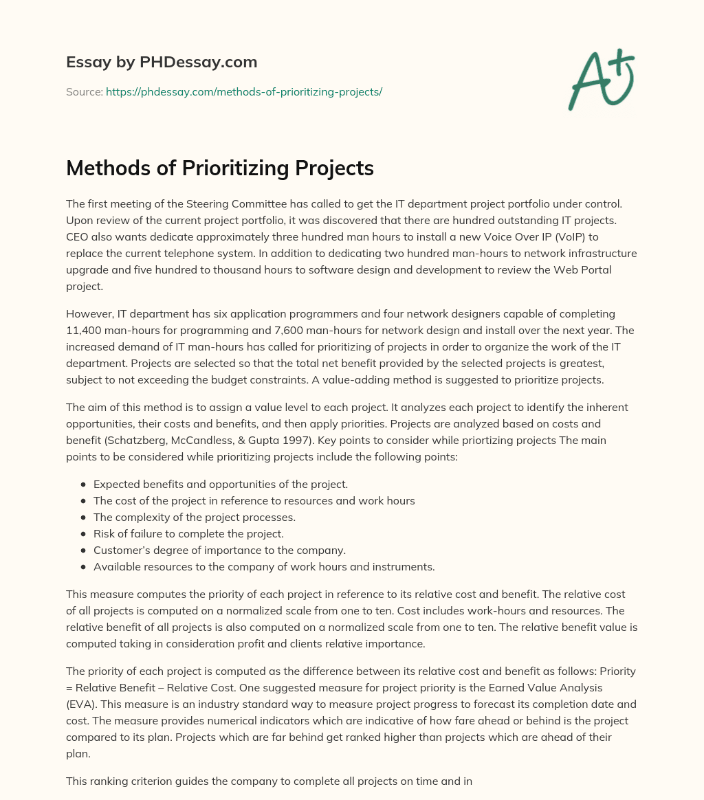 Methods of Prioritizing Projects - PHDessay.com