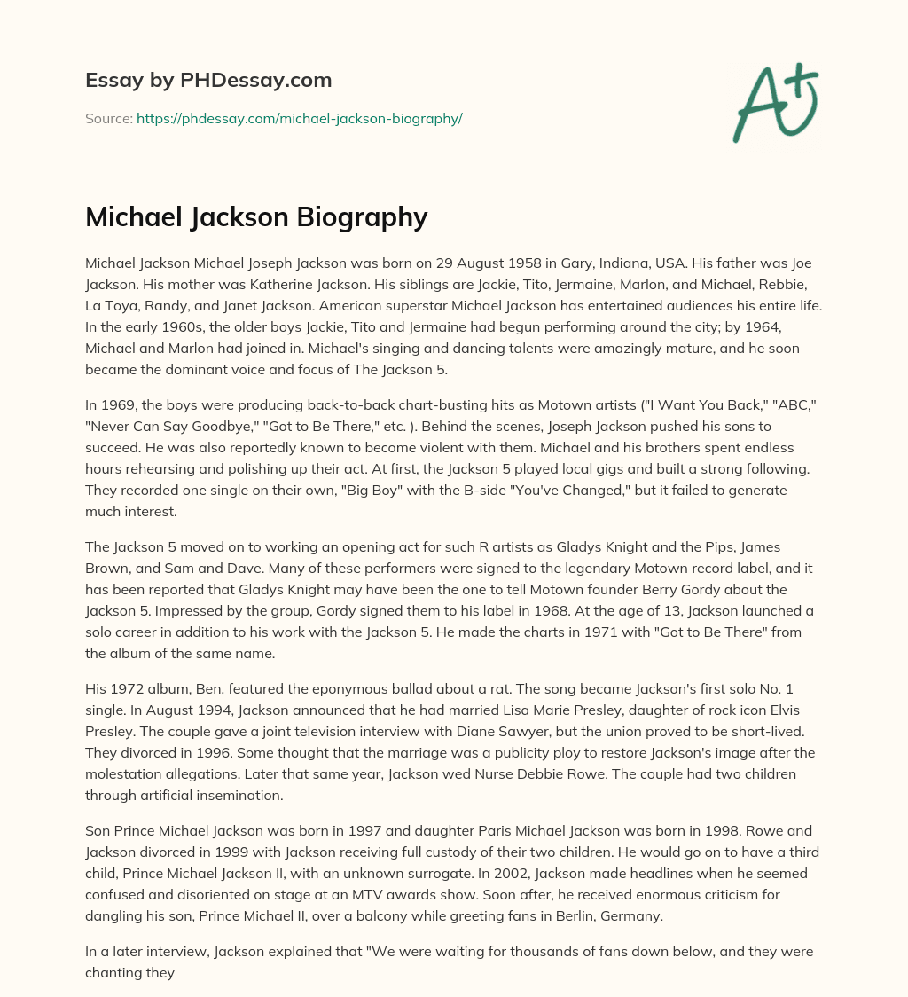 Michael Jackson Biography (600 Words) - PHDessay.com
