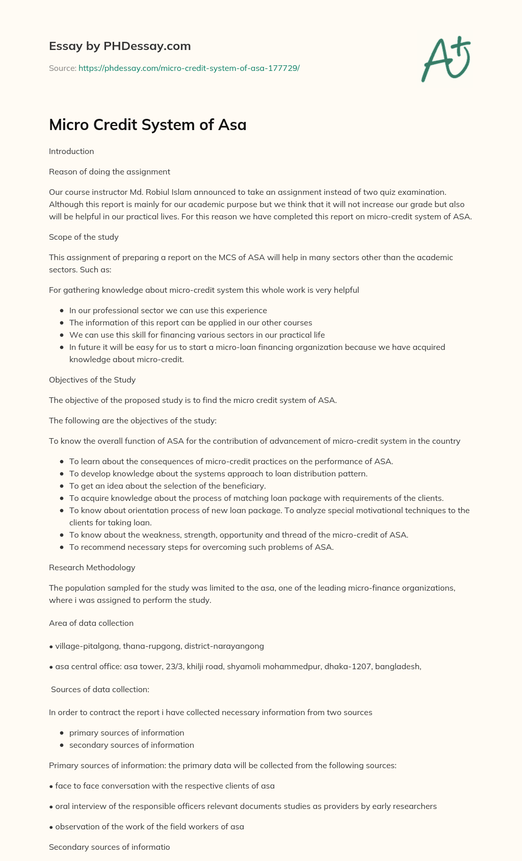 Micro Credit System of Asa - PHDessay.com