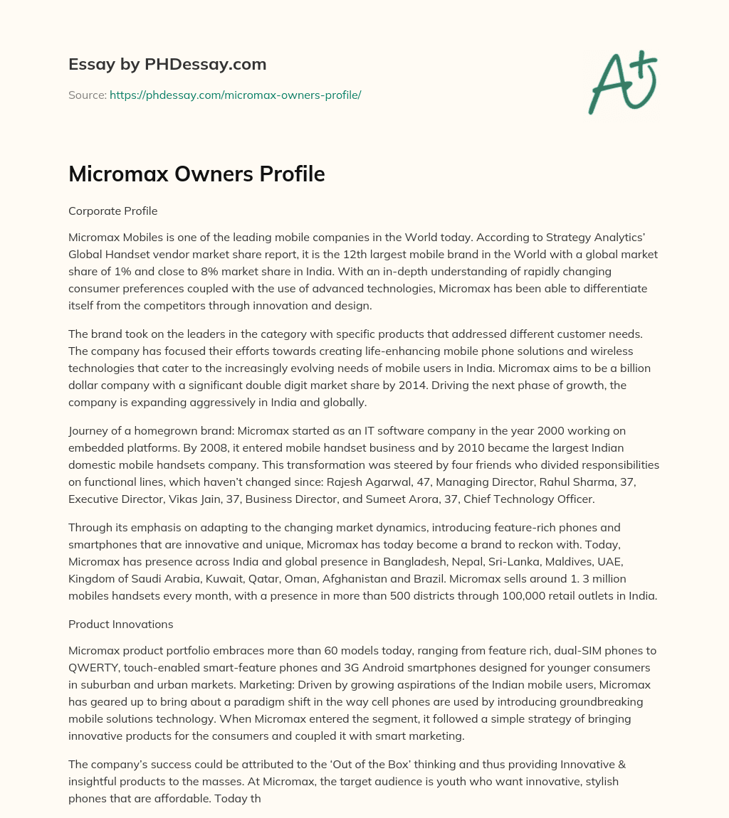 Micromax Owners Profile - PHDessay.com