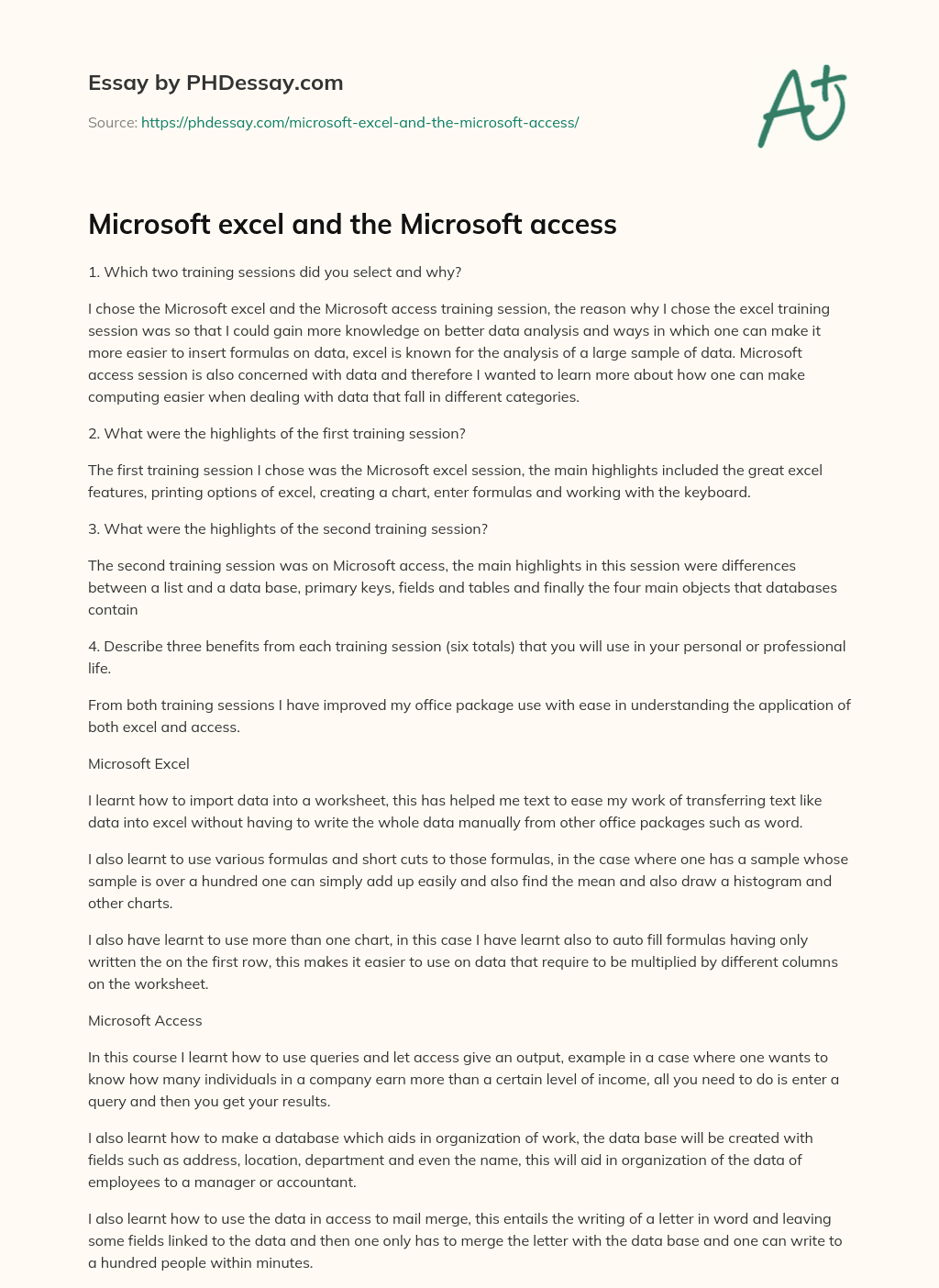 Microsoft excel and the Microsoft access (600 Words) - PHDessay.com