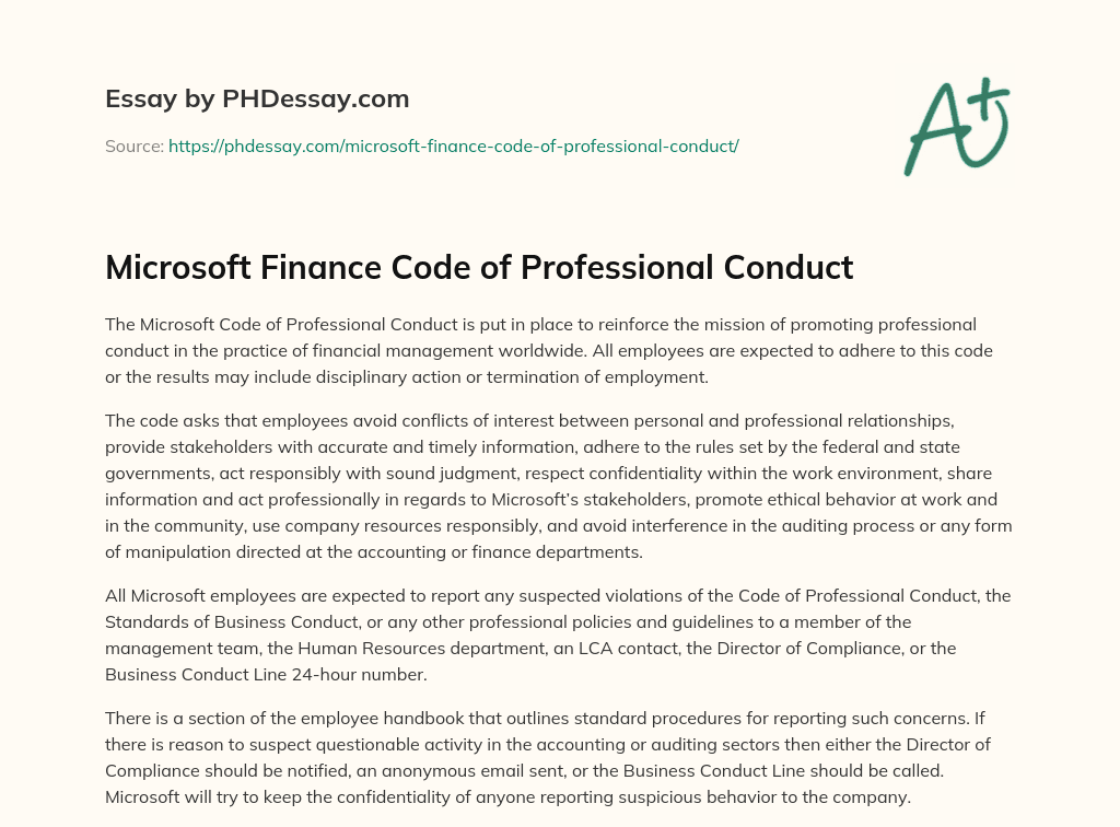 Microsoft Finance Code of Professional Conduct (300 Words) - PHDessay.com