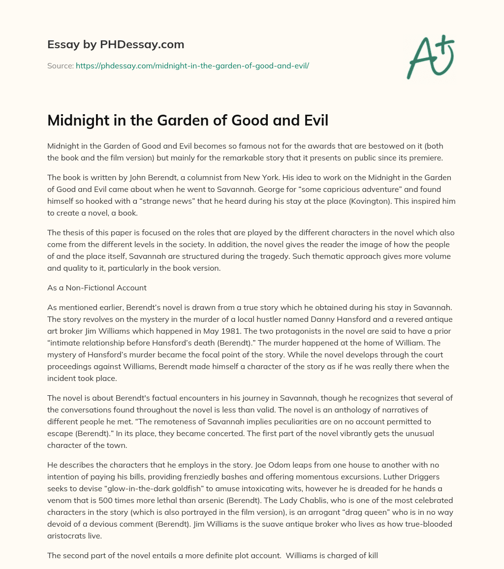 Midnight in the Garden of Good and Evil - PHDessay.com