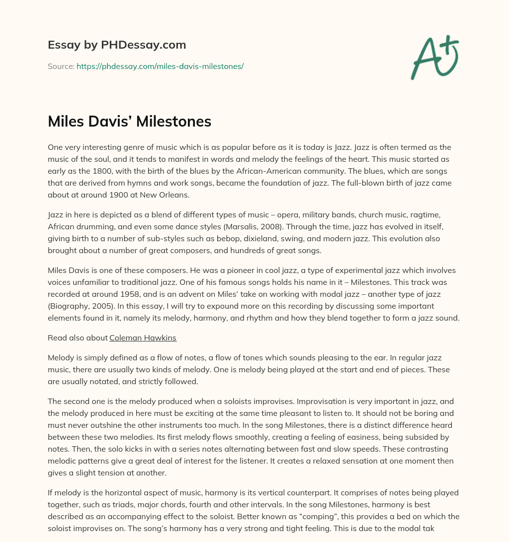 Miles Davis’ Milestones Essay Example - PHDessay.com