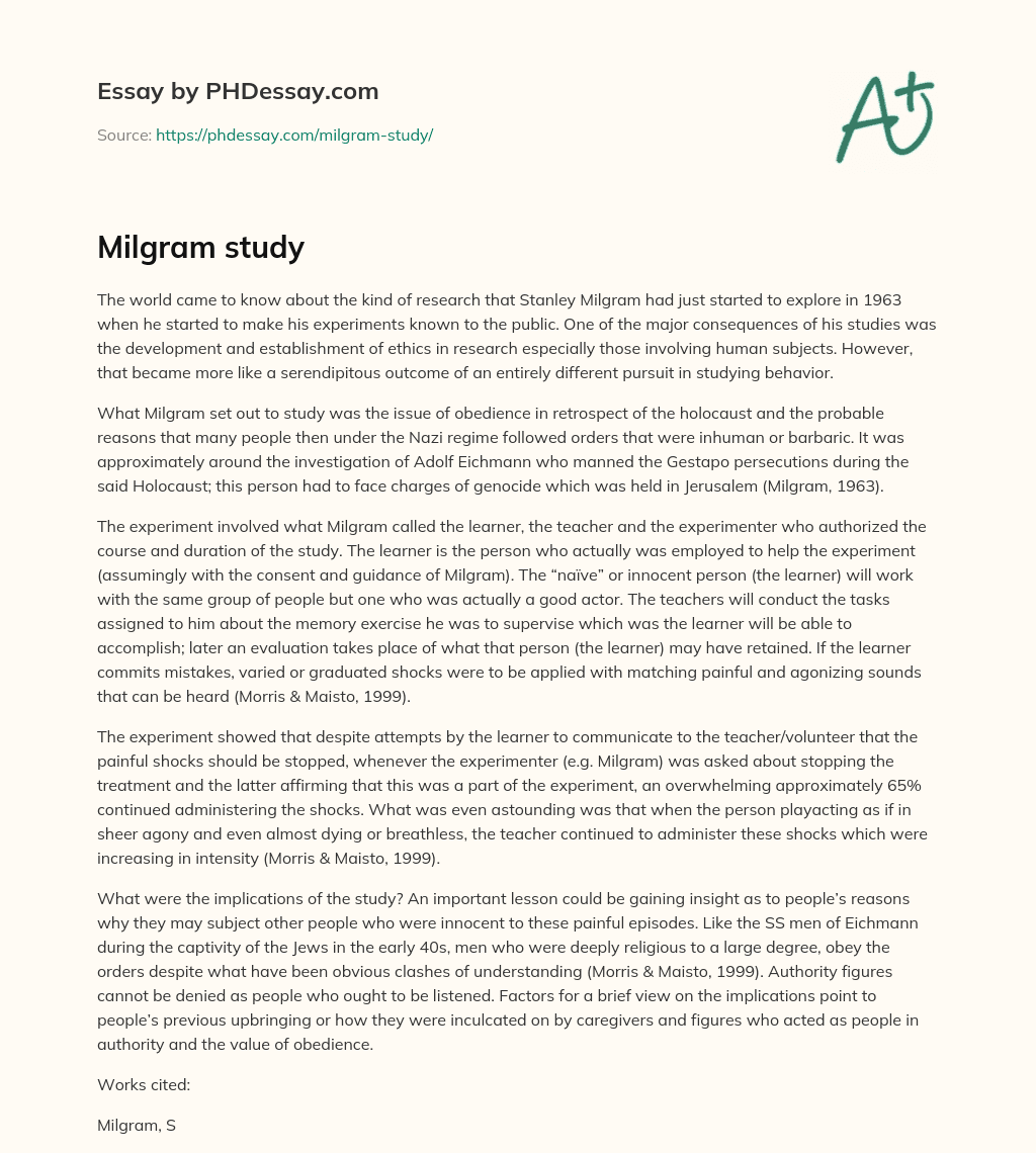 Milgram study (500 Words) - PHDessay.com