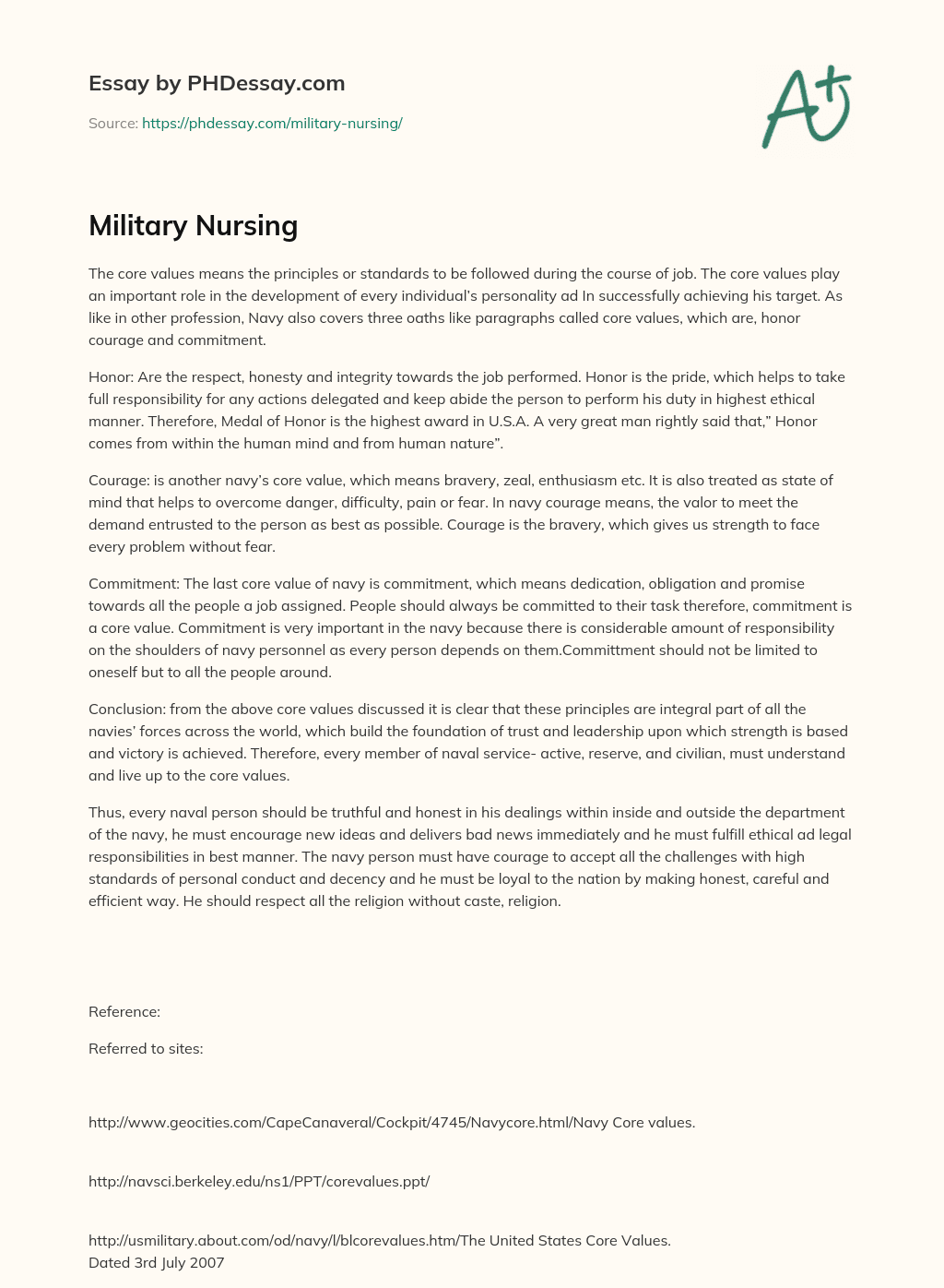 Military Nursing (400 Words) - PHDessay.com