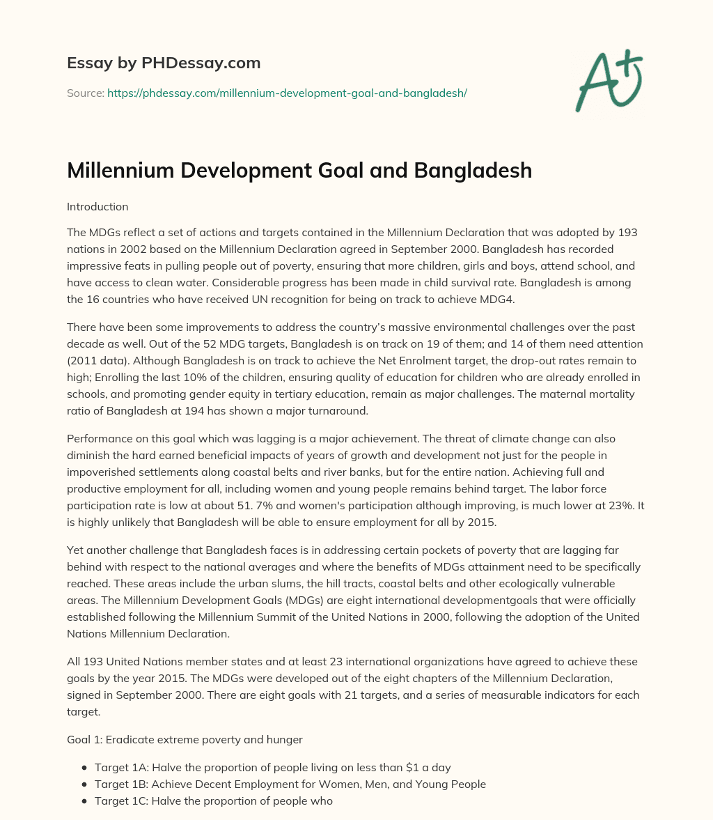 Millennium Development Goal and Bangladesh - PHDessay.com