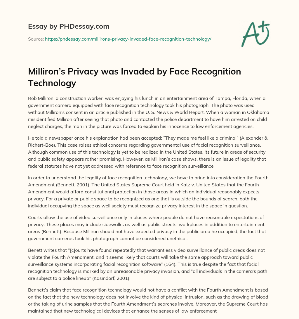 Milliron’s Privacy was Invaded by Face Recognition Technology ...