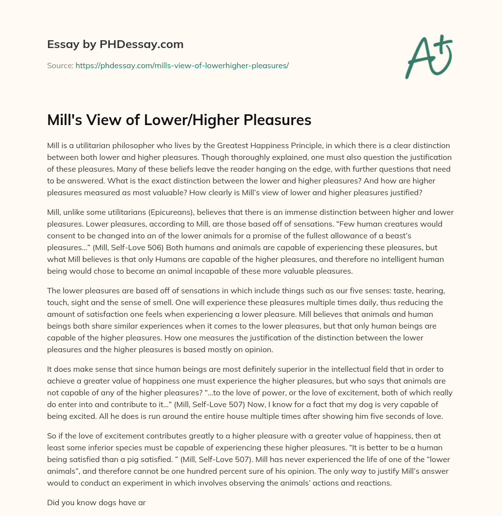 Mill's View of Lower/Higher Pleasures - PHDessay.com