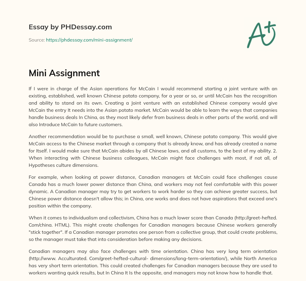 Mini Assignment (400 Words) - PHDessay.com