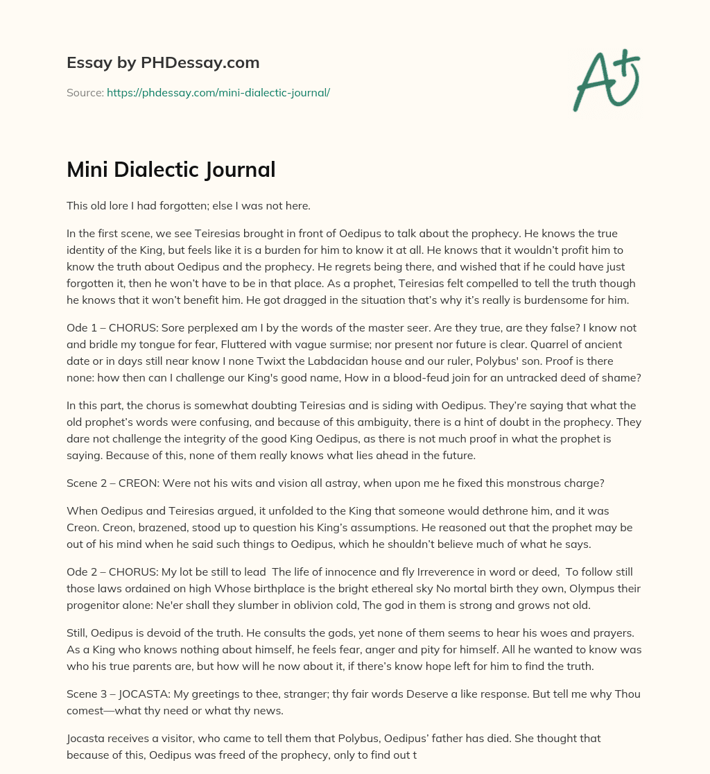 Mini Dialectic Journal - PHDessay.com