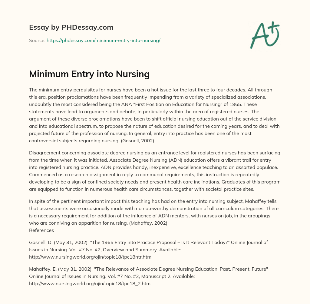 Minimum Entry into Nursing (300 Words) - PHDessay.com