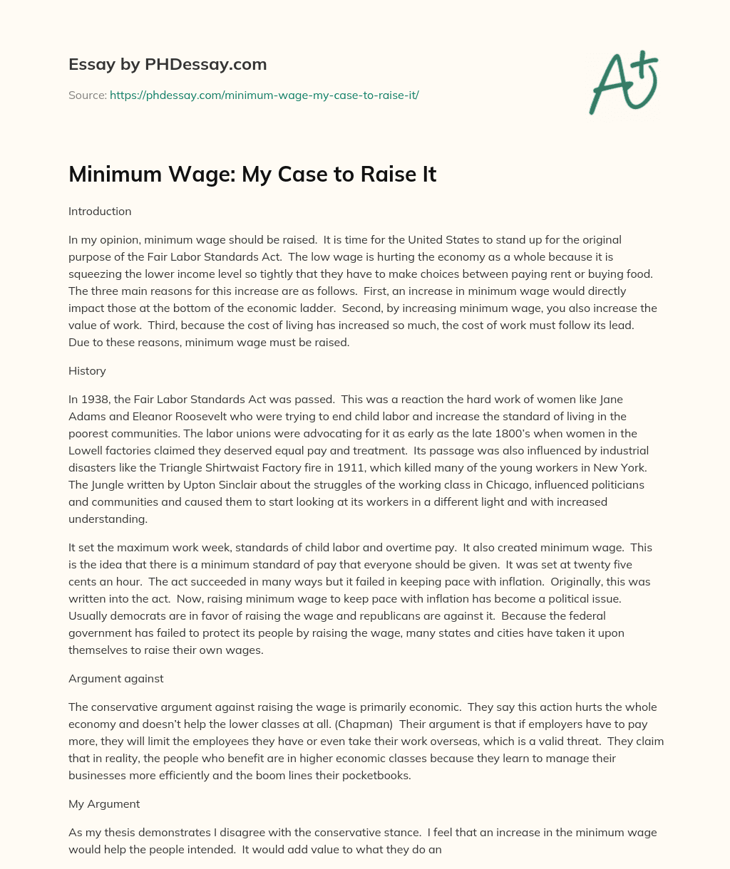 Minimum Wage: My Case to Raise It - PHDessay.com