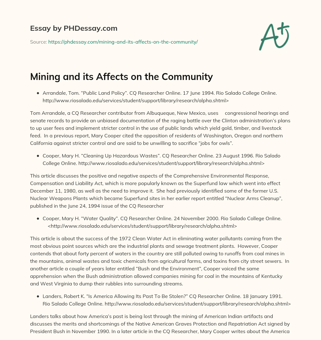 Mining and its Affects on the Community (500 Words) - PHDessay.com