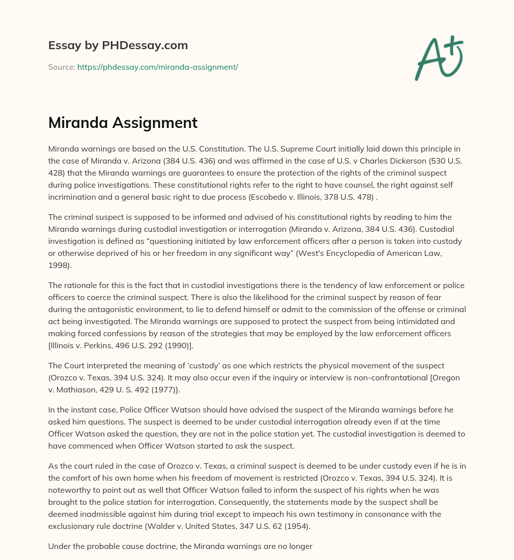 Miranda Assignment - PHDessay.com