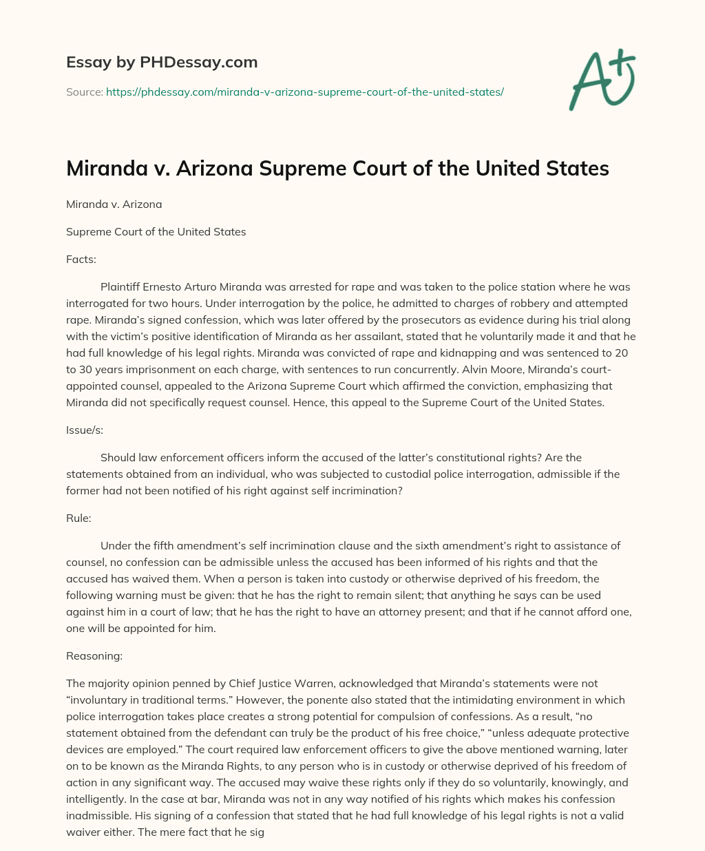Miranda v. Arizona Supreme Court of the United States (600 Words ...