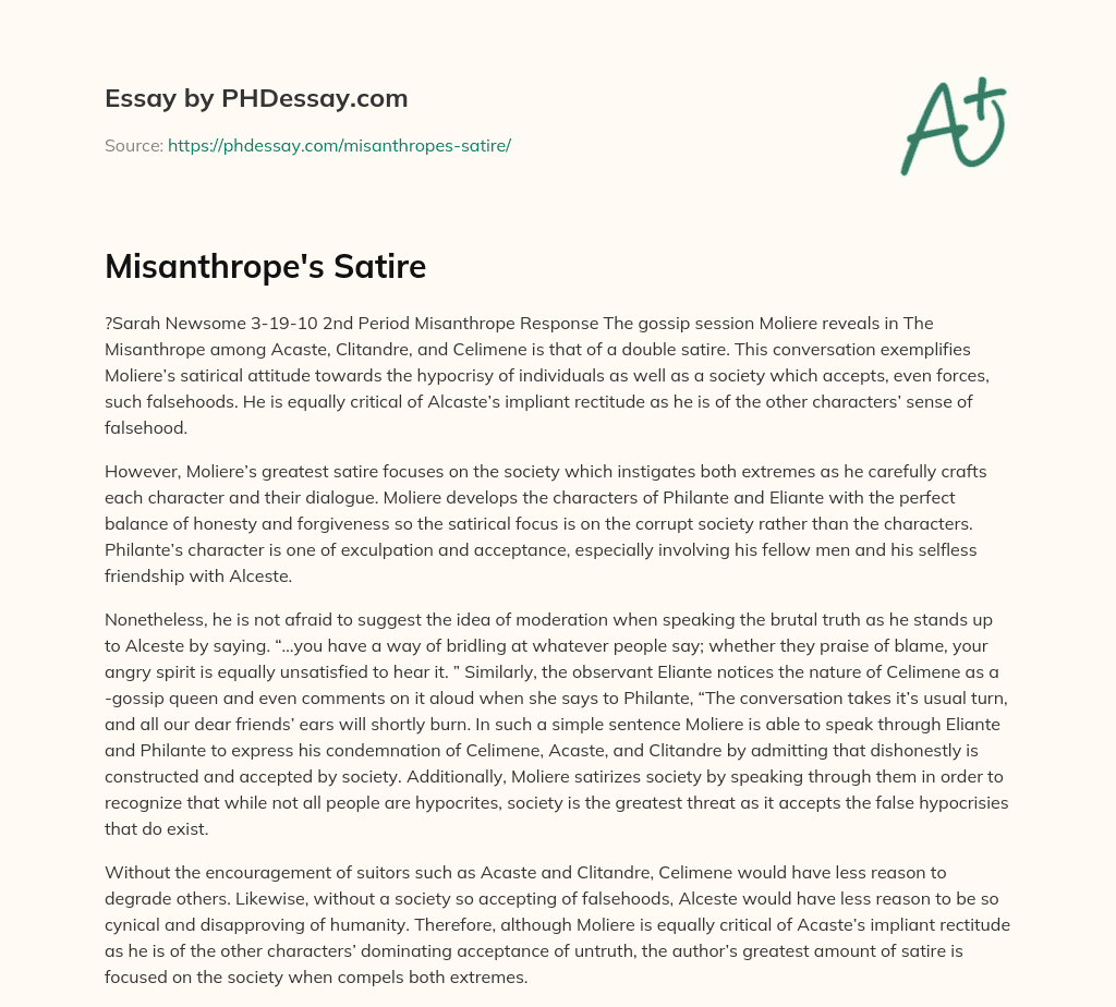 Misanthrope's Satire (400 Words) - PHDessay.com