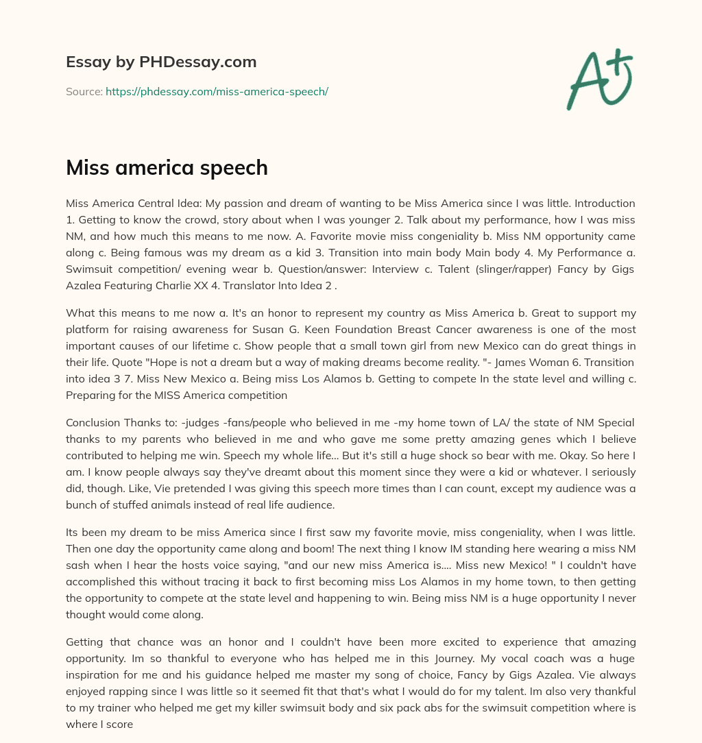 Miss america speech - PHDessay.com