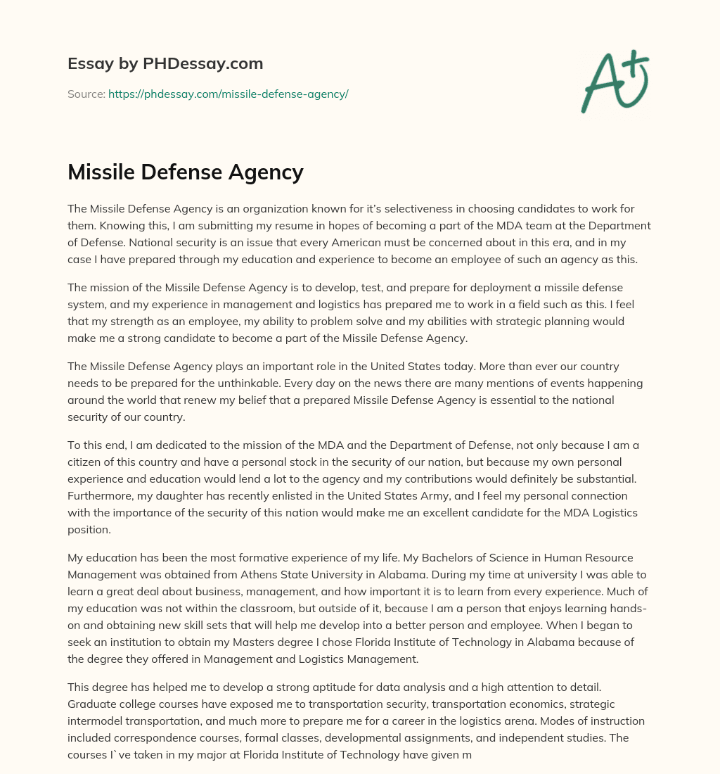 Missile Defense Agency - PHDessay.com