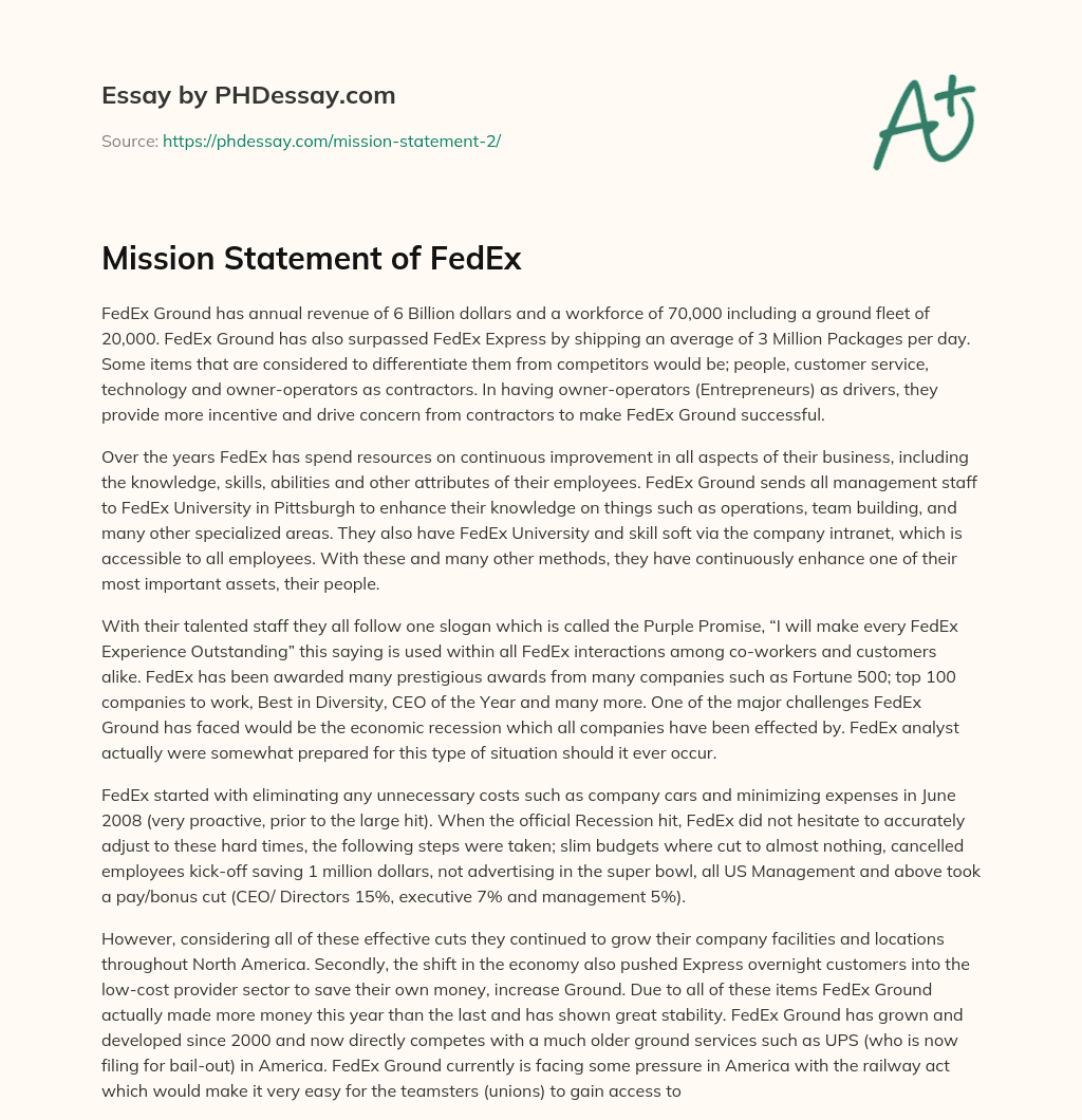 Mission Statement of FedEx (500 Words) - PHDessay.com