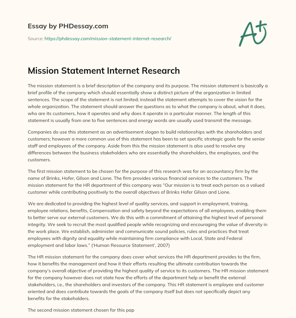 Mission Statement Internet Research - PHDessay.com