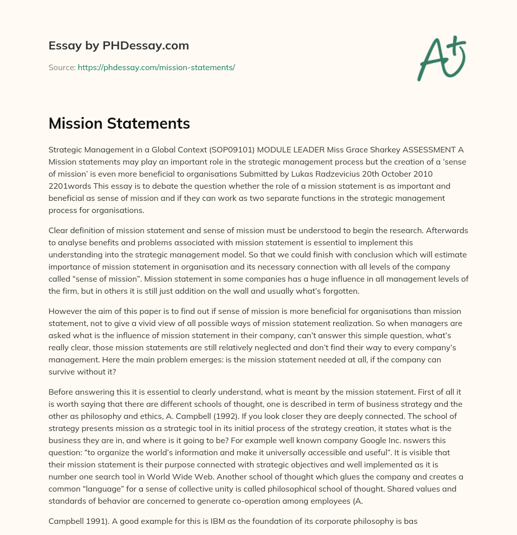Mission Statements - PHDessay.com