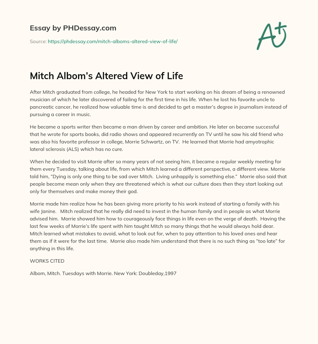 Mitch Albom’s Altered View of Life (400 Words) - PHDessay.com