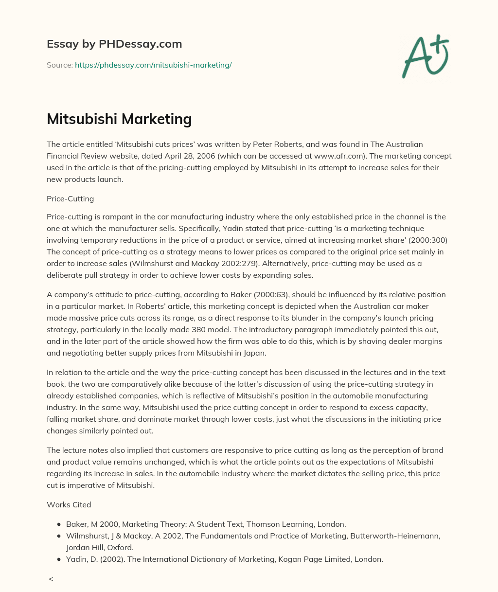 Mitsubishi Marketing (400 Words) - PHDessay.com