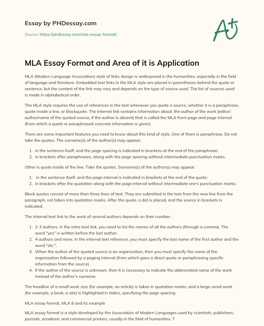 MLA Essay Format and Area of it is Application - PHDessay.com