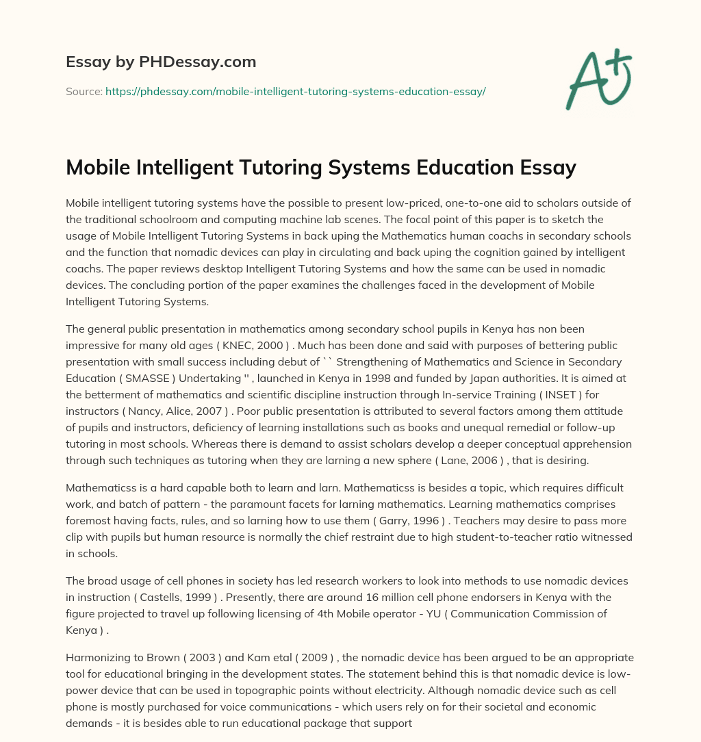 Mobile Intelligent Tutoring Systems Education Essay - PHDessay.com