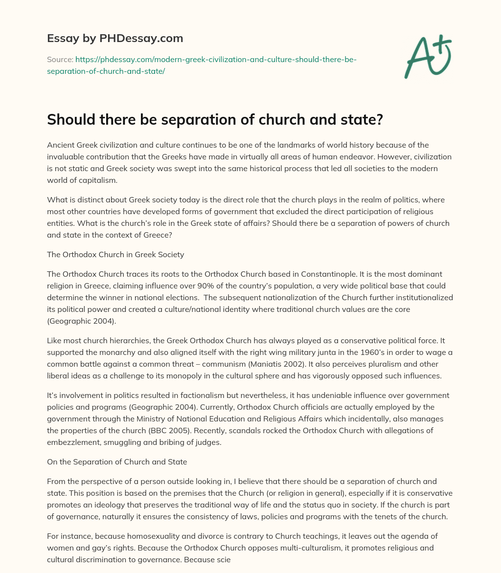 Should there be separation of church and state? (600 Words) - PHDessay.com
