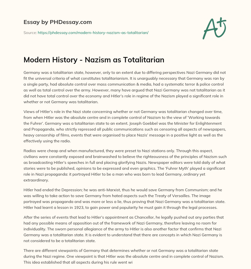 Modern History - Nazism as Totalitarian - PHDessay.com
