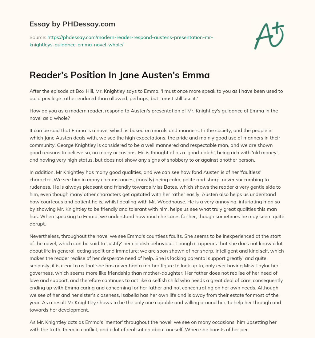 Reader's Position In Jane Austen's Emma - PHDessay.com