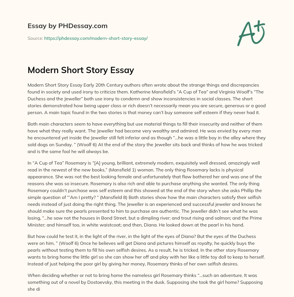 Modern Short Story Essay - PHDessay.com