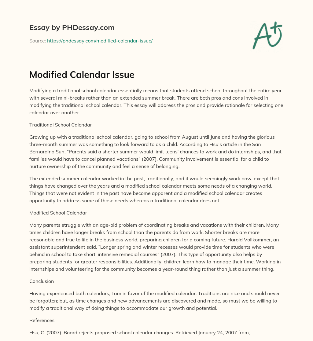 Modified Calendar Issue (400 Words) - PHDessay.com