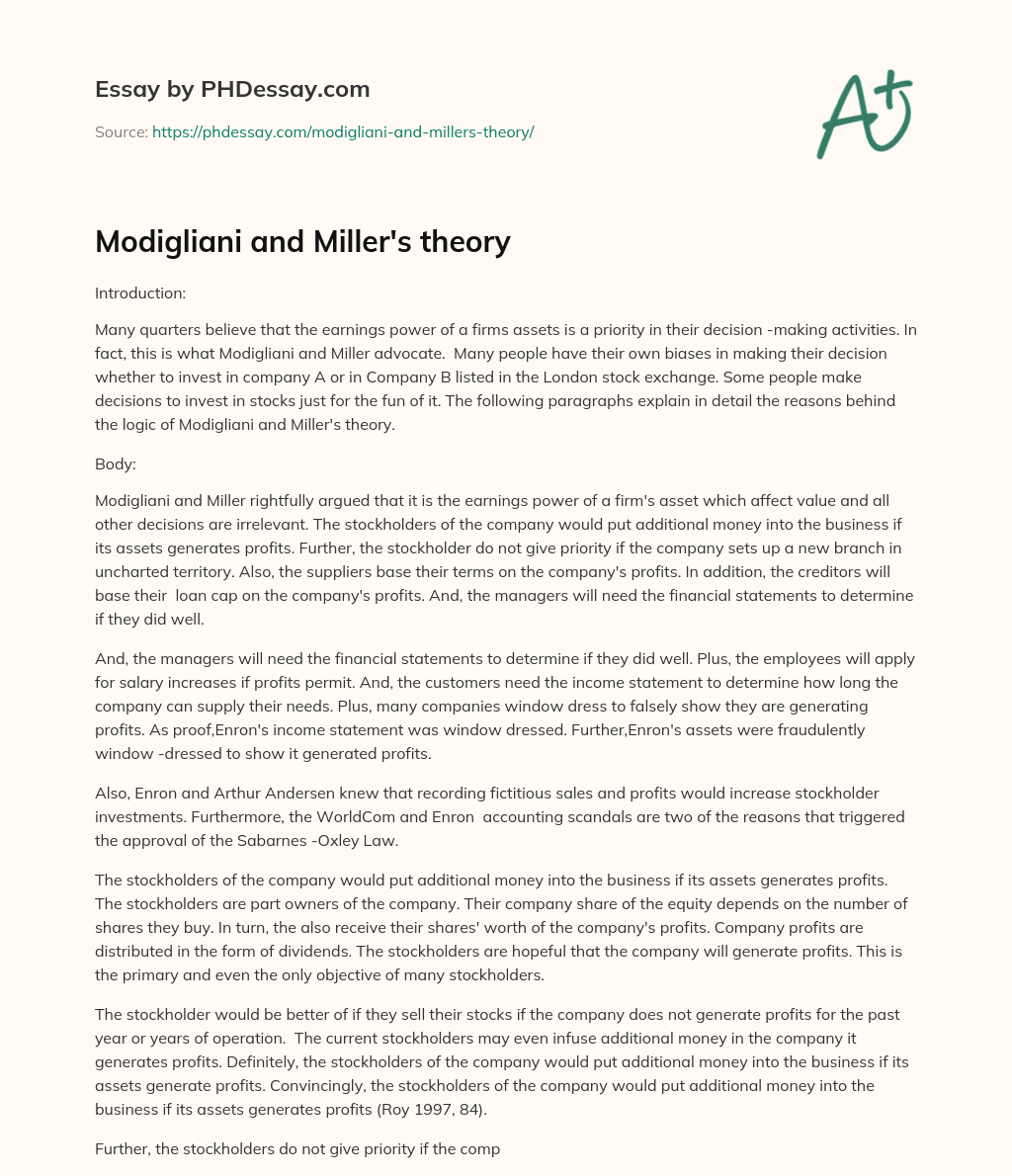 Modigliani and Miller's theory - PHDessay.com