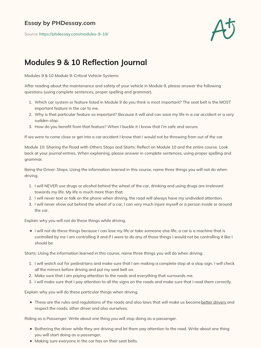 Modules 9 & 10 Reflection Journal (500 Words) - PHDessay.com