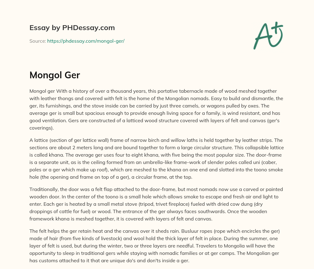 Mongol Ger (400 Words) - PHDessay.com