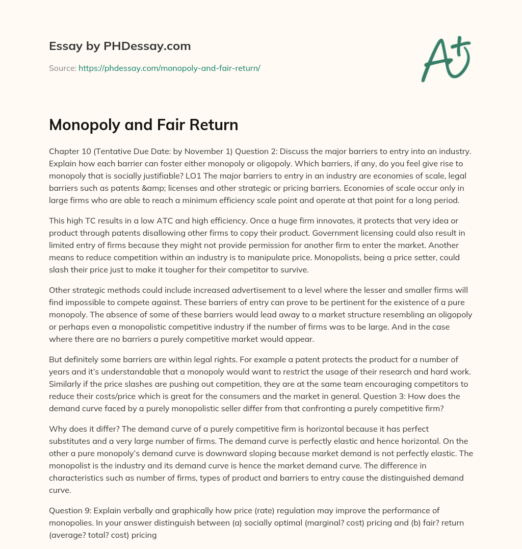 Monopoly and Fair Return - PHDessay.com