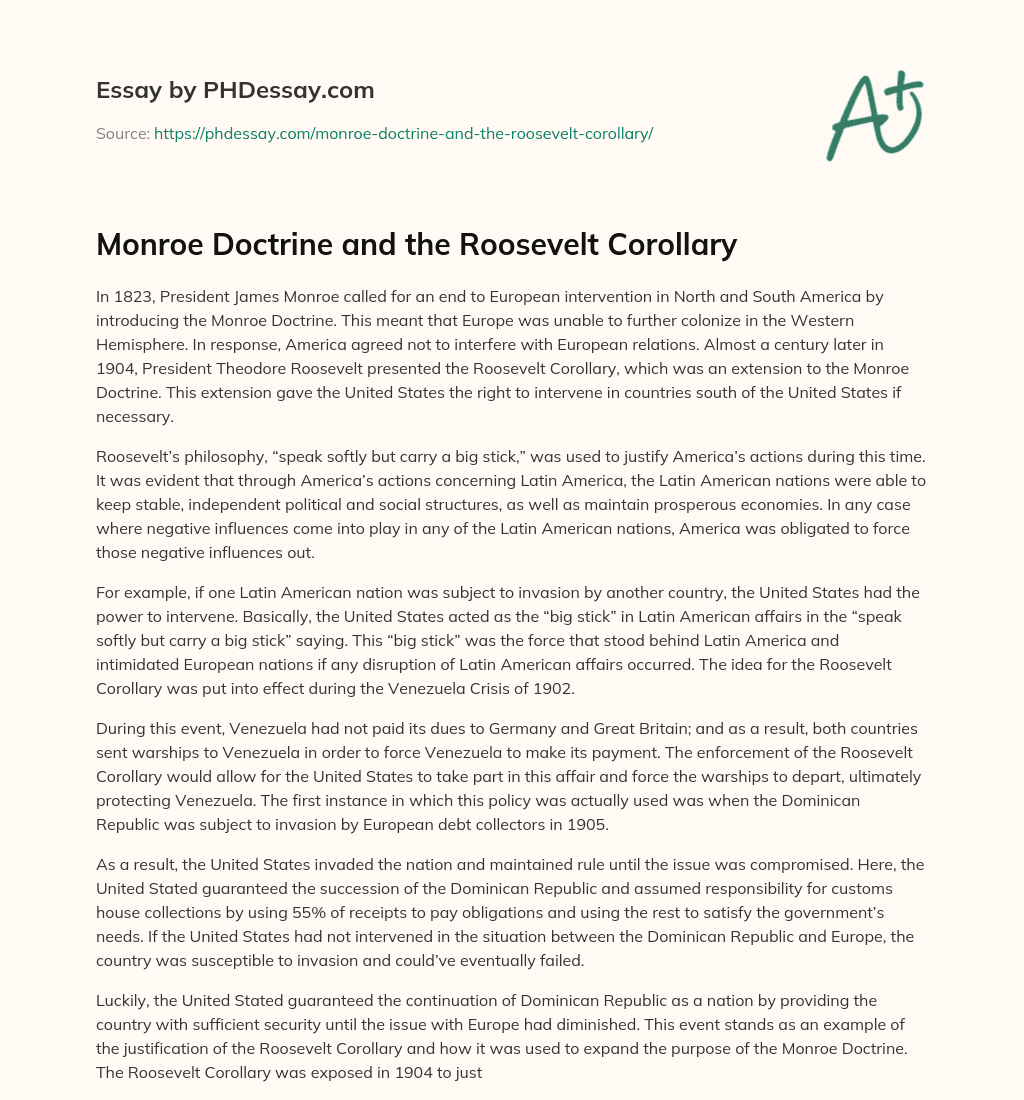 Monroe Doctrine And The Roosevelt Corollary Definition Essay Example ...