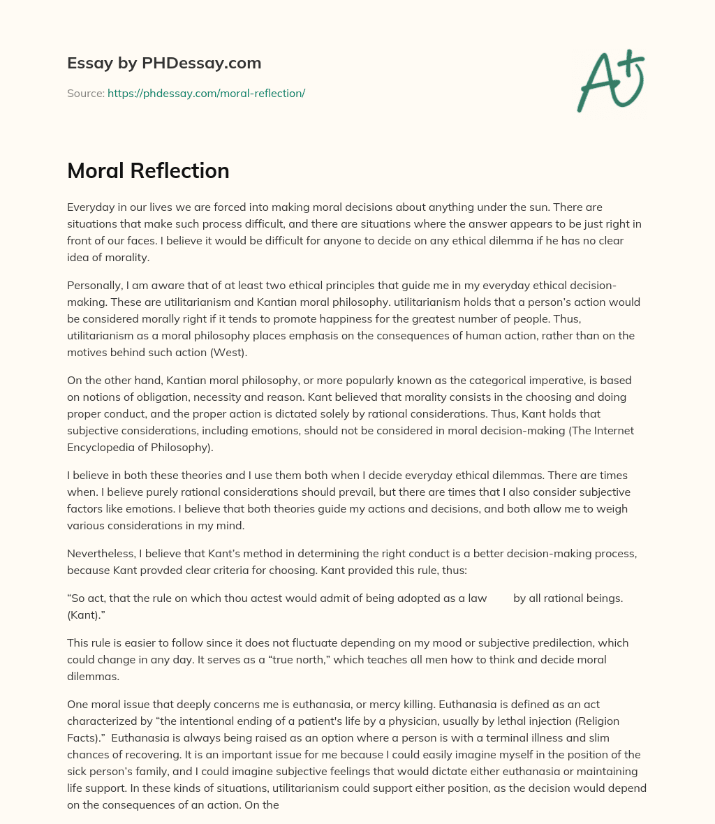 Moral Reflection (600 Words) - PHDessay.com