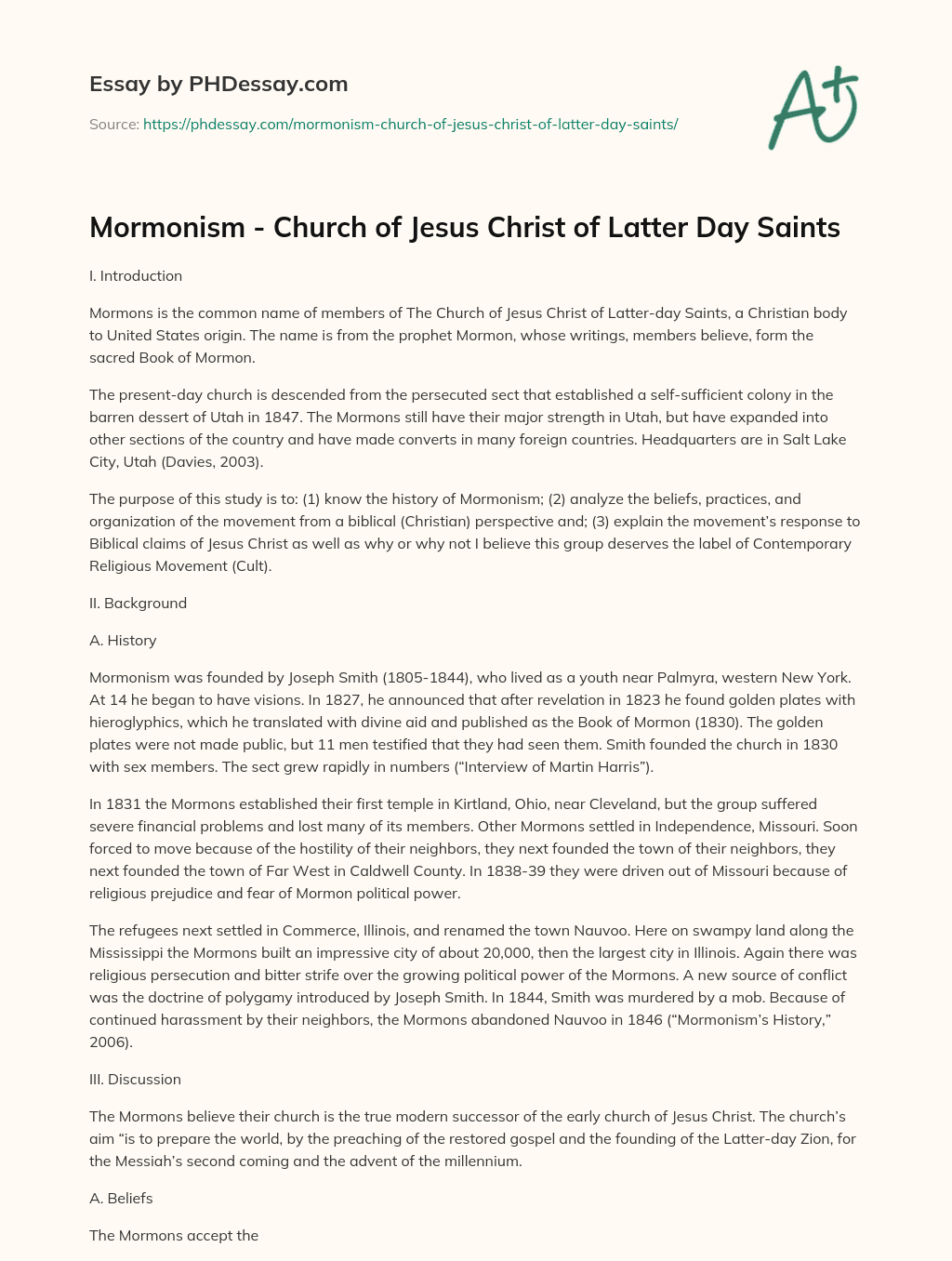 Mormonism - Church of Jesus Christ of Latter Day Saints - PHDessay.com