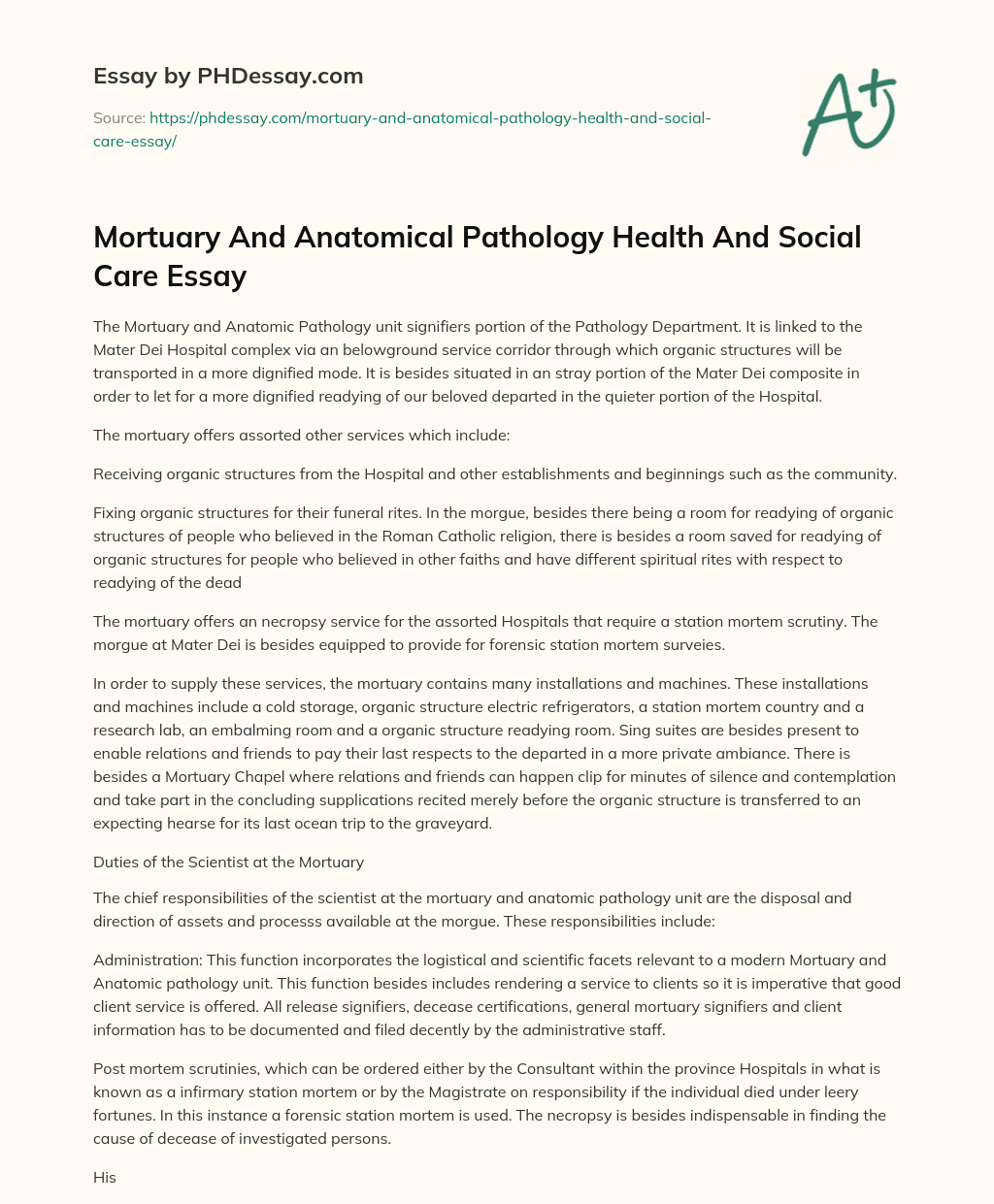 Mortuary And Anatomical Pathology Health And Social Care Essay ...