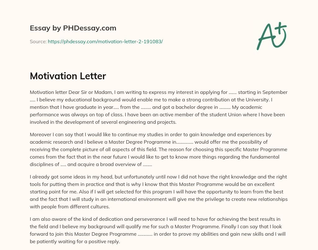 Motivation Letter (300 Words) - PHDessay.com
