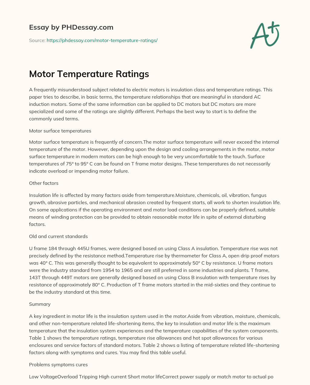 Motor Temperature Ratings (600 Words) - PHDessay.com