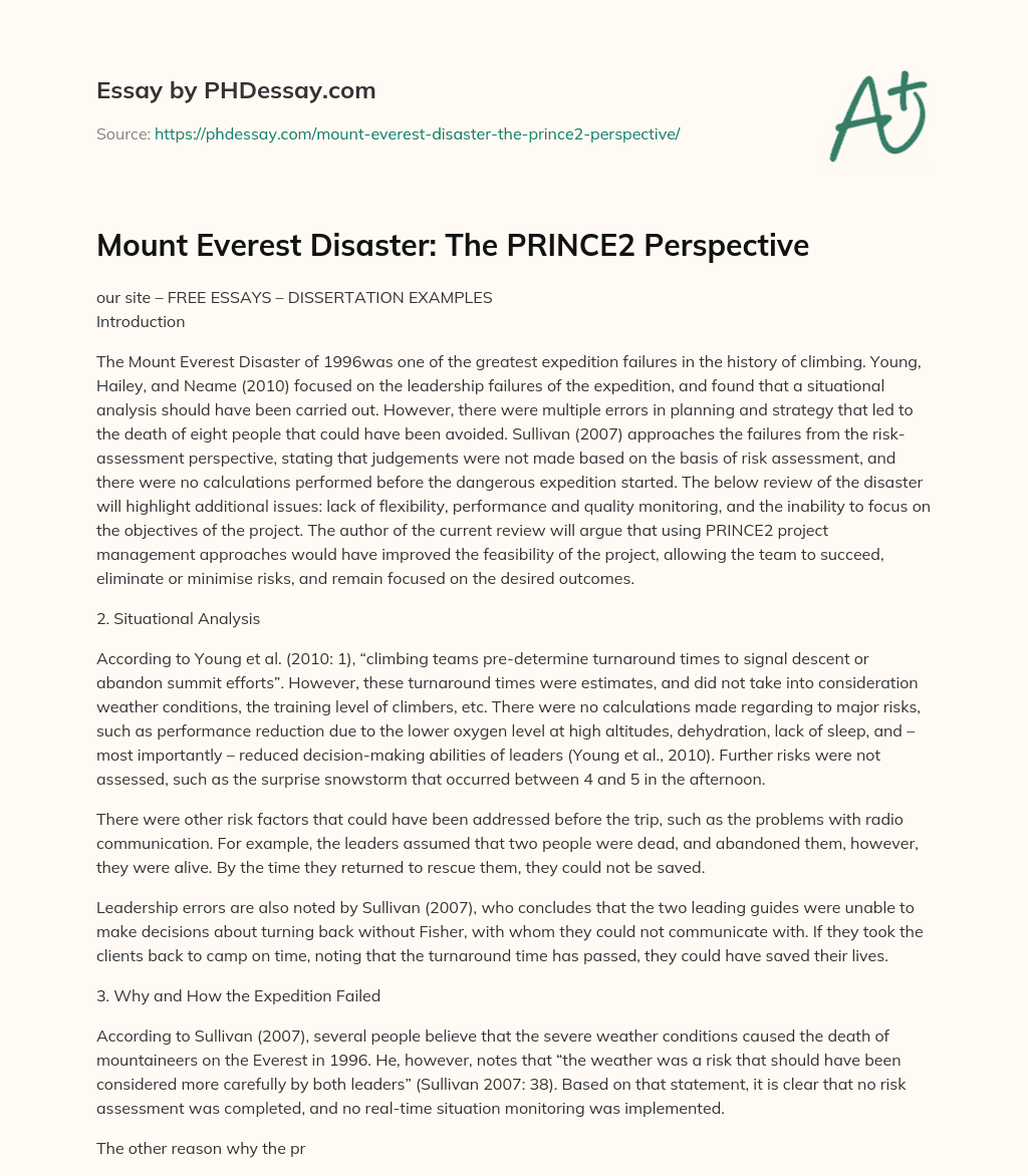 Mount Everest Disaster: The PRINCE2 Perspective - PHDessay.com
