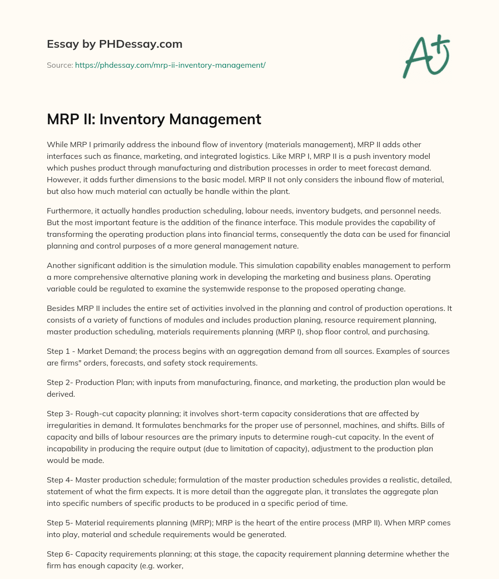 MRP II: Inventory Management - PHDessay.com