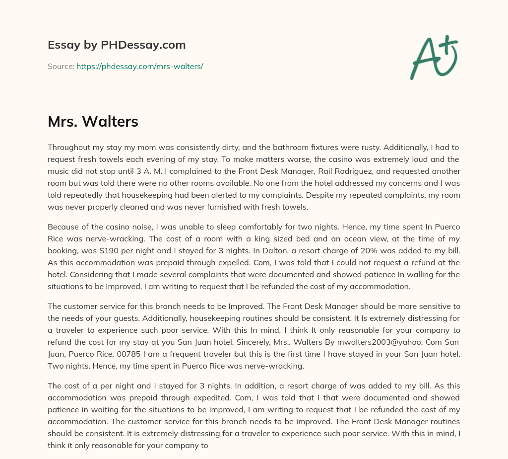 Mrs. Walters (400 Words) - PHDessay.com